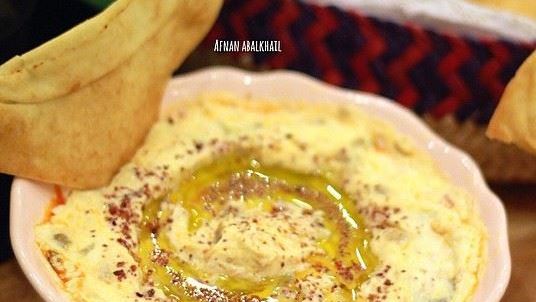 Hummus with Labneh and Makdous dipping recipe | Daleeeel.com